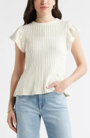 Caslon Flutter Sleeve Pima Cotton Sweater - Ivory Pristine