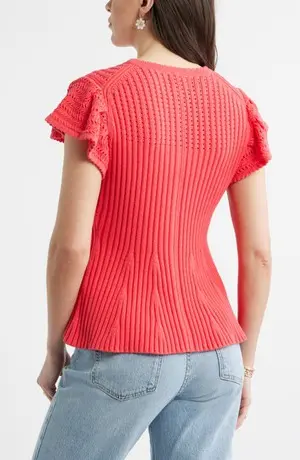 Caslon Flutter Sleeve Pima Cotton Sweater - Red Geranium