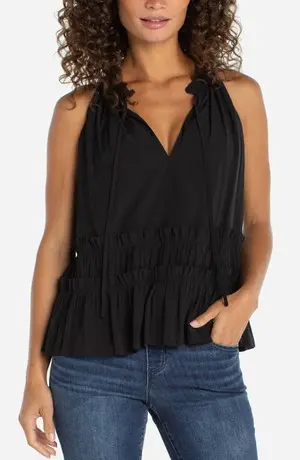 LIVERPOOL Ruffle Tie Neck Sleeveless Top - Black