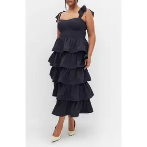 City Chic Elina Tie Strap Tiered Midi Dress - Navy