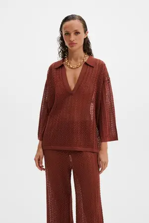 MALINA Imene Pointelle Knit Collared Top