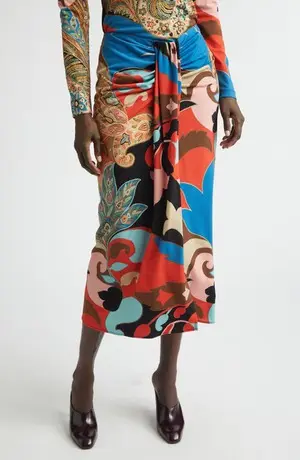 Etro Paisley Lotus Print Knot Front Midi Pencil Skirt