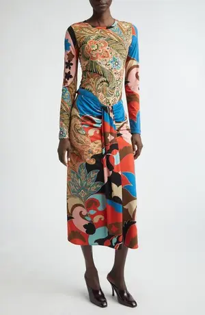 Etro Paisley Lotus Print Knot Front Midi Pencil Skirt