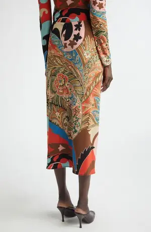 Etro Paisley Lotus Print Knot Front Midi Pencil Skirt
