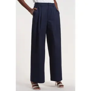 ISAAC MIZRAHI NEW YORK Pleated High Waist Wide Leg Cotton Pants - Navy