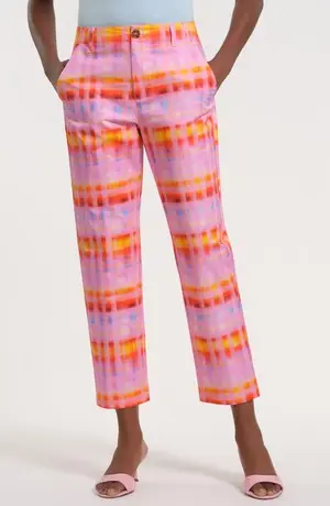 ISAAC MIZRAHI NEW YORK Slim Fit Ankle Cotton Pants - Pink Multi