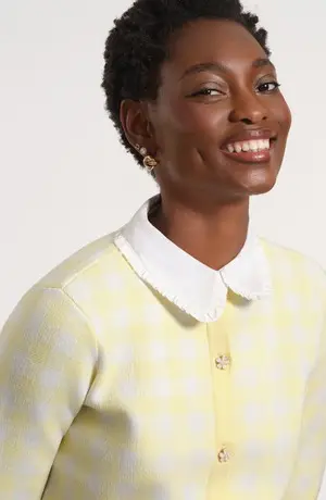 ISAAC MIZRAHI NEW YORK Gingham Cardigan With Peter Pan Collar - White Multi