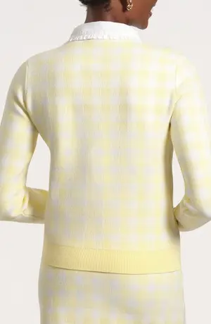 ISAAC MIZRAHI NEW YORK Gingham Cardigan With Peter Pan Collar - White Multi
