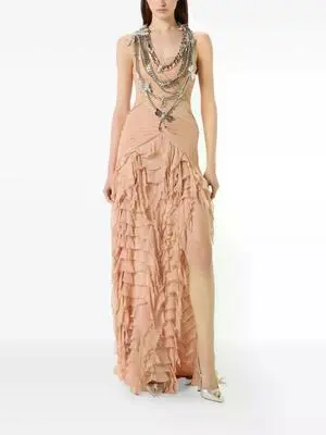 Blumarine Ruched Ruffled Maxi Dress - Neutrals