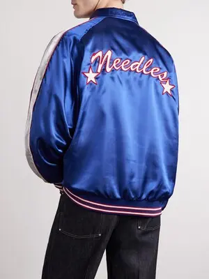 Needles Stadium Logo-embroidered Satin Bomber Jacket - Blue