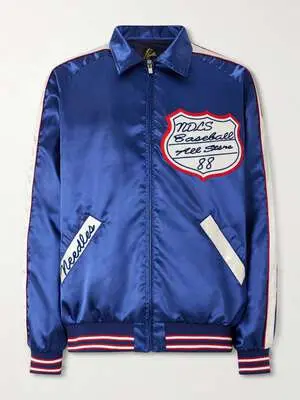 Needles Needles Stadium Logo-Embroidered Satin Bomber Jacket Navy
