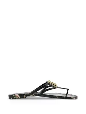 Dolce & Gabbana Floral Print Slides With Gold Tone Logo Plaque - Black