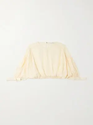 Rabanne Cropped Bow-detailed Lace-trimmed Pleated Crepe Top - Neutrals