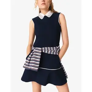 Maje Flared Contrast-collar Stretch Cotton-blend Mini Dress - Navy