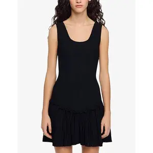 Sandro Sleeveless Ruffle-hem Knitted Mini Dress - Black