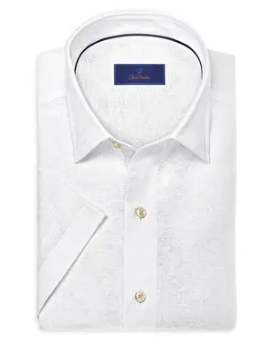 David Donahue Linen Cotton Paisley Short Sleeve Shirt - White
