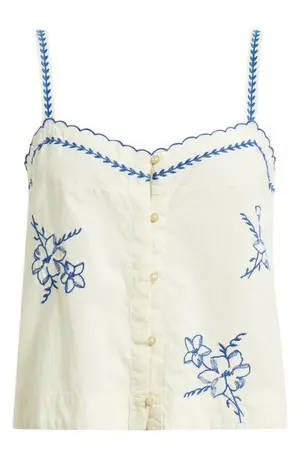 The Great. Floral Embroidered Button-up Top - Cream