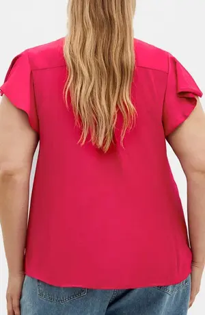 City Chic Woven Shirt With Ruffle Cap Sleeves - Raspberry