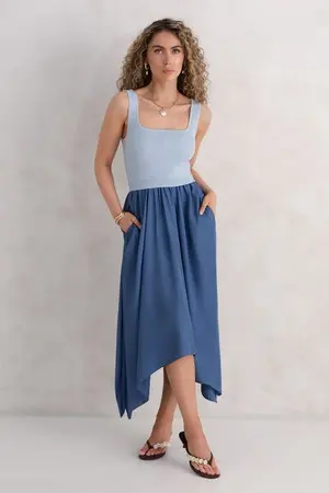 KADA Mixed Media Fit-and-flare Midi Dress - Hydrangea Blue