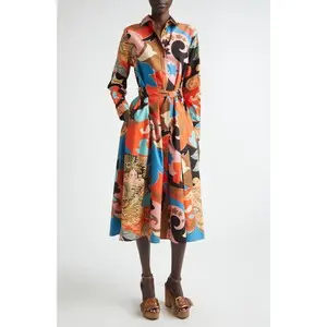 Etro Paisley Lotus Print Long Sleeve Midi Shirtdress - Red