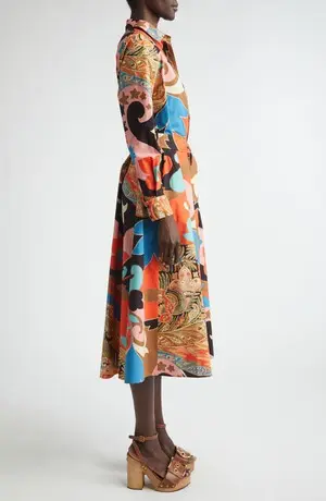 Etro Paisley Lotus Print Long Sleeve Midi Shirtdress - Red