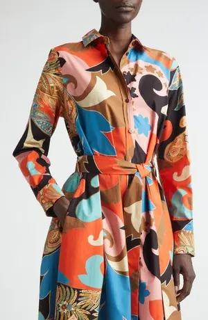 Etro Paisley Lotus Print Long Sleeve Midi Shirtdress - Red