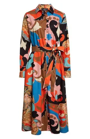 Etro Paisley Lotus Print Long Sleeve Midi Shirtdress - Red
