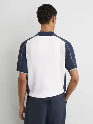 REISS Claremont Colour-block Knitted Polo Shirt - White/airforce Blue
