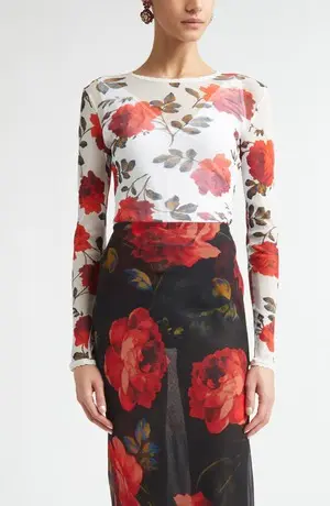 Carolina Herrera Rose Print Silk Mesh Top - Ivory Multi