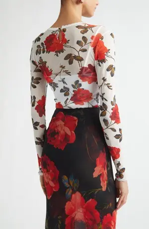 Carolina Herrera Rose Print Silk Mesh Top - Ivory Multi