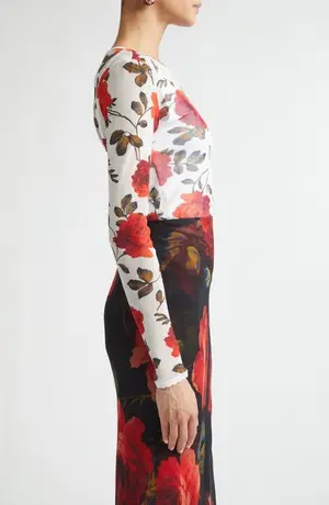 Carolina Herrera Rose Print Silk Mesh Top - Ivory Multi