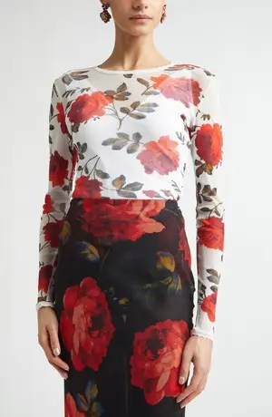 Carolina Herrera Rose Print Silk Mesh Top - Ivory Multi