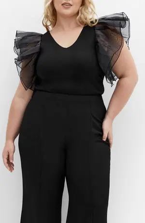 City Chic Sierra Mixed Media Flutter Sleeve Top