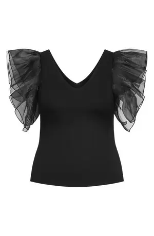 City Chic Sierra Mixed Media Flutter Sleeve Top