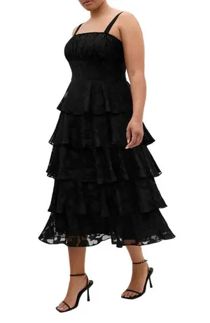 City Chic Daniela Tiered Ruffle Midi Dress - Black