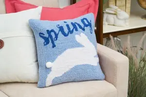 C&F HOME Spring" Jumping Easter Bunny Rabbit Hooked Accent Throw Pillow 16" X 16"
