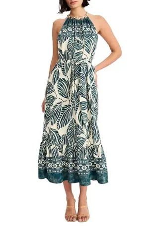 Maggy London Print Tie Back Sleeveless Midi Dress - Navy/green