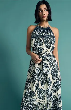 Maggy London Print Tie Back Sleeveless Midi Dress