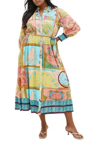 City Chic Paulo Map Print Long Sleeve Shirtdress - Wanderlust
