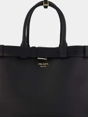 Prada Large Buckled Leather Handbag - Black