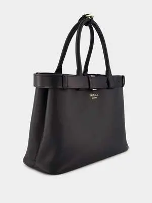 Prada Large Buckled Leather Handbag - Black