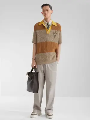 Fendi Yellow And Beige Striped Cotton Knit Polo Shirt - Multicolour