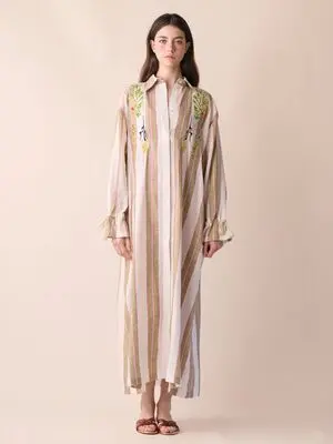 PAULA Linen Striped Embroidered Maxi Dress