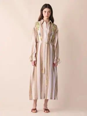 PAULA Linen Striped Embroidered Maxi Dress - Multicolour