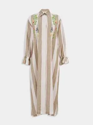 PAULA Linen Striped Embroidered Maxi Dress - Multicolour