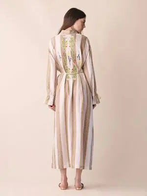 PAULA Linen Striped Embroidered Maxi Dress - Multicolour