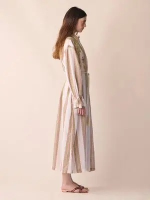 PAULA Linen Striped Embroidered Maxi Dress - Multicolour