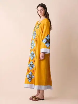 PAULA Crystal Linen Embroidered Maxi Dress - Multicolour