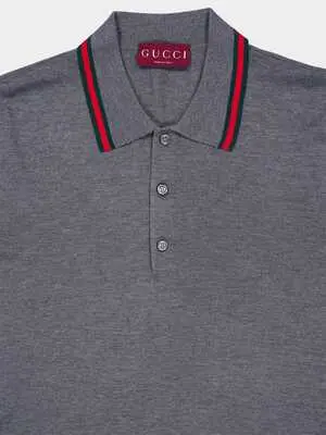 Gucci Dark Wool Knit Polo Shirt With Web - Grey