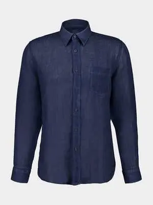 120% Lino Navy Faded Linen Long-sleeve Shirt - Blue